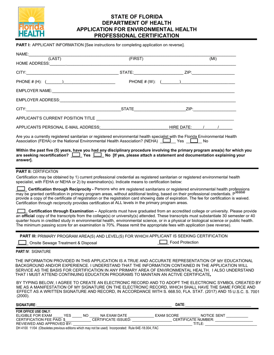 Form DH4100 - Fill Out, Sign Online and Download Fillable PDF, Florida ...