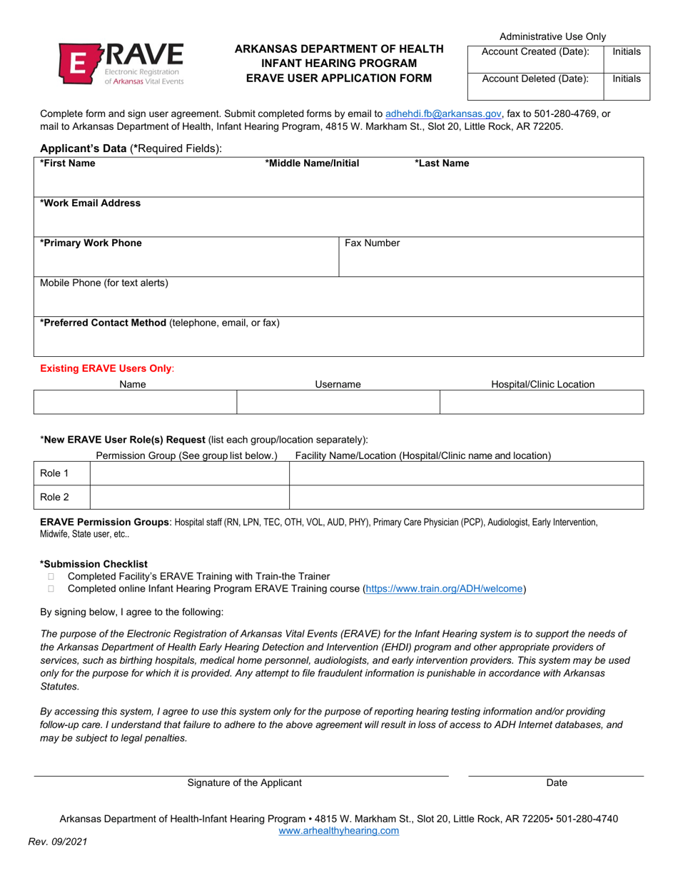 Arkansas Erave User Application Form - Infant Hearing Program - Fill ...