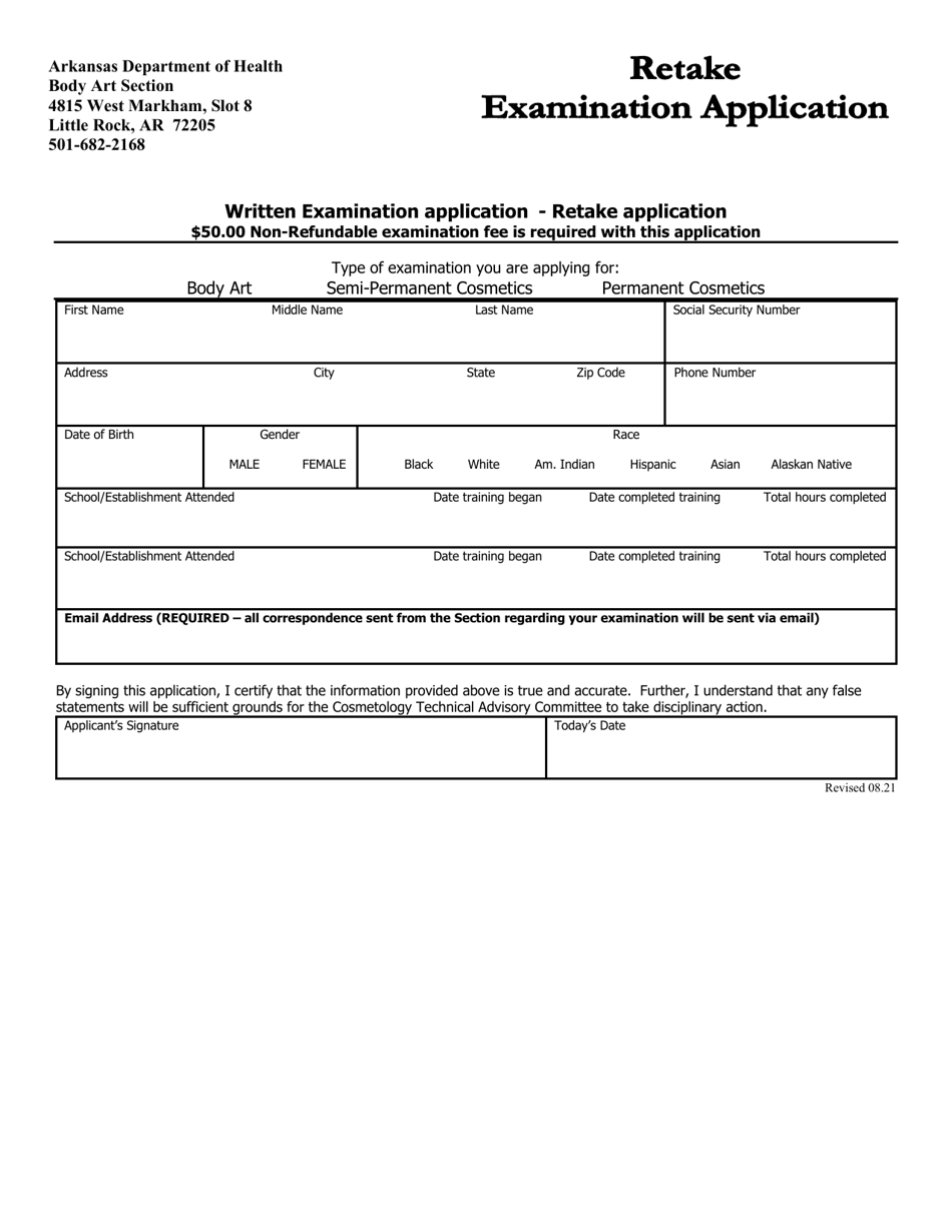 Arkansas Retake Examination Application - Body Art - Fill Out, Sign ...