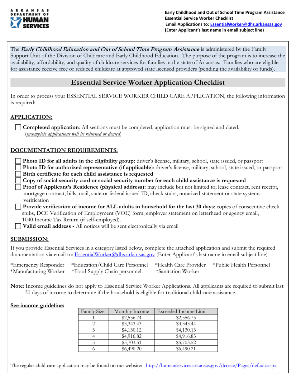 Arkansas Essential Service Worker Application Checklist - Fill Out ...
