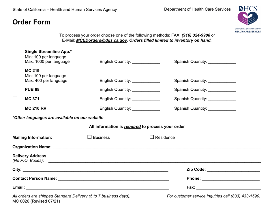 Form MC0026 Download Fillable PDF or Fill Online Medi-Cal Order Form ...