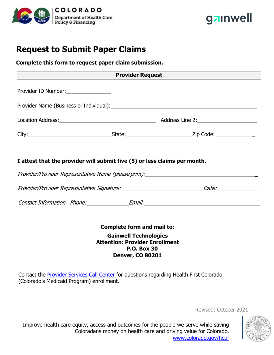 Colorado Request to Submit Paper Claims - Fill Out, Sign Online and ...