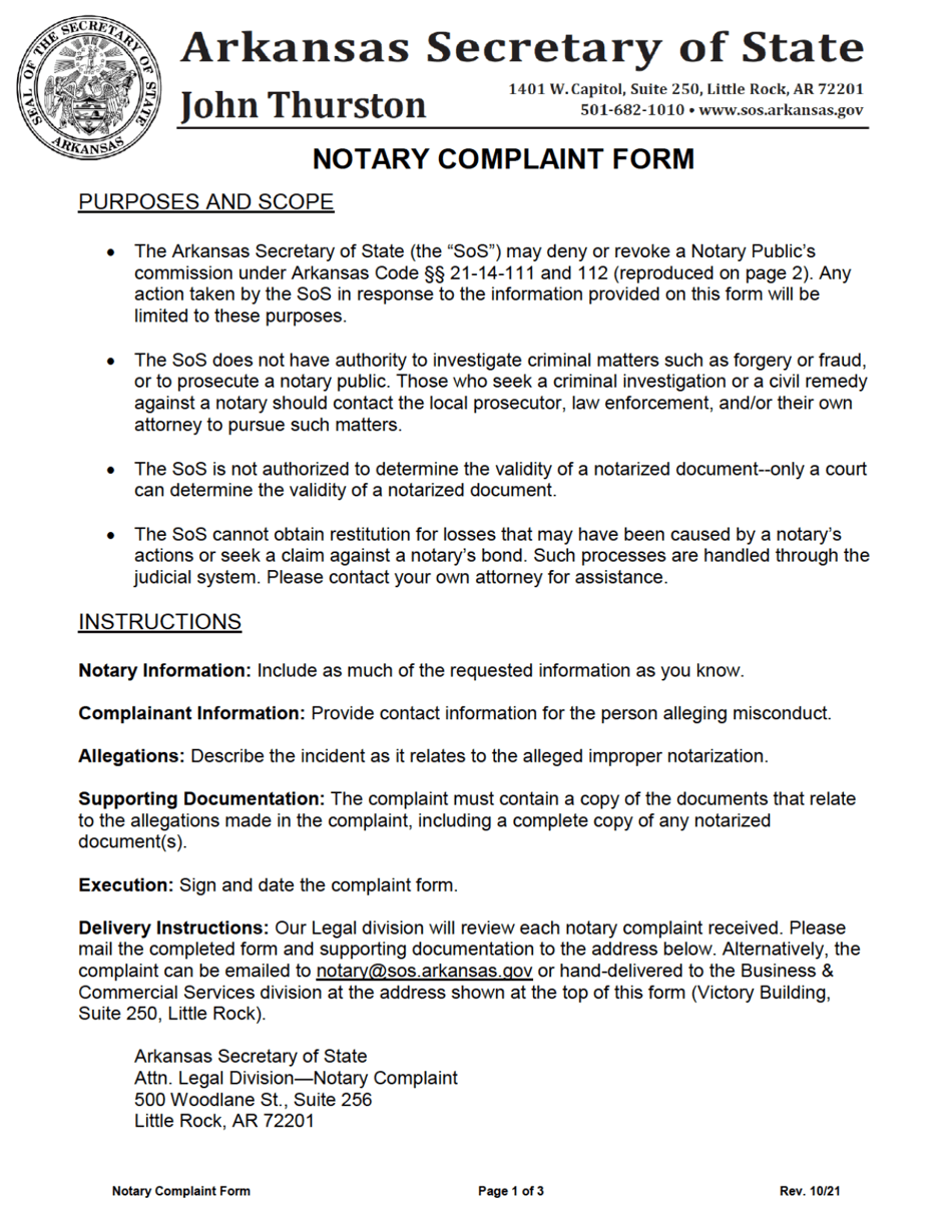 Arkansas Notary Complaint Form - Fill Out, Sign Online and Download PDF ...