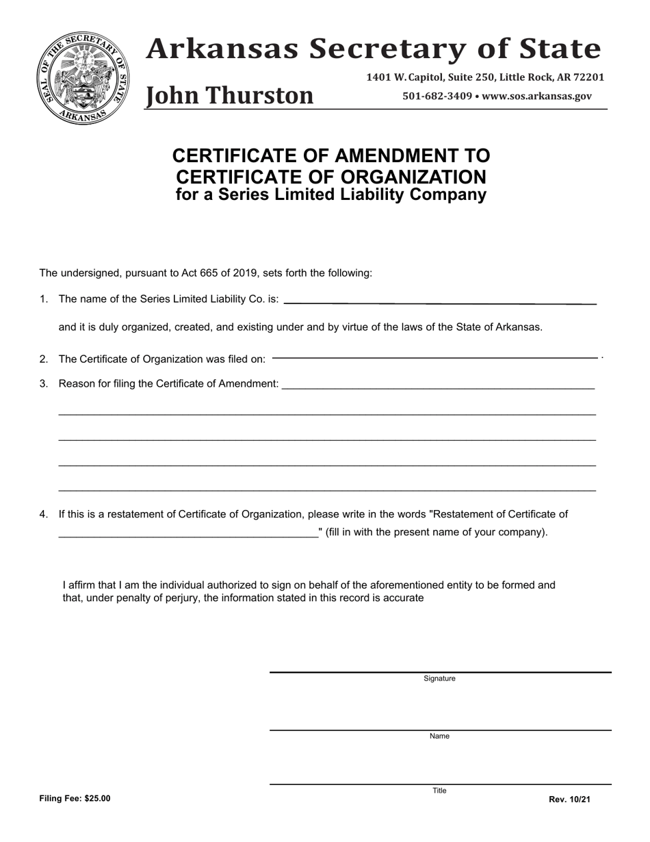 Arkansas Certificate of Amendment to Certificate of Organization for a ...