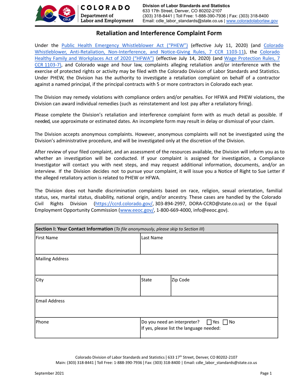 Colorado Retaliation and Interference Complaint Form - Fill Out, Sign Online and Download PDF ...