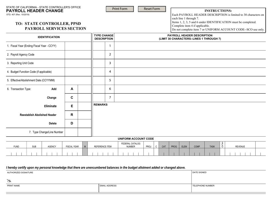 Form STD.407 - Fill Out, Sign Online and Download Fillable PDF ...