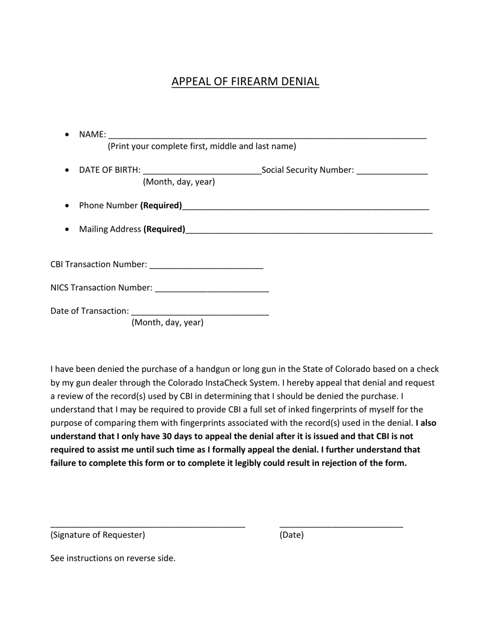 Colorado Appeal of Firearm Denial - Fill Out, Sign Online and Download ...