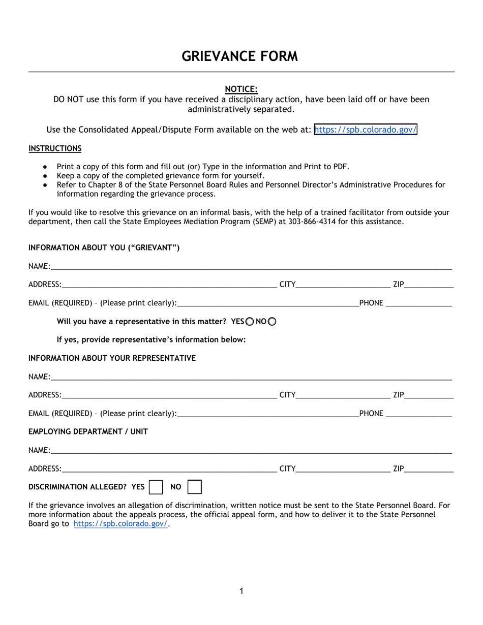 Colorado Grievance Form - Fill Out, Sign Online and Download PDF ...