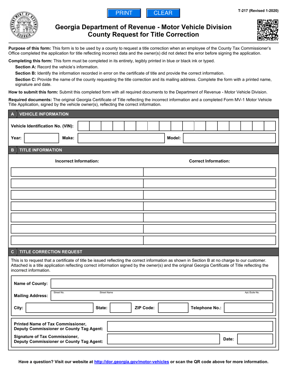 Form T-217 - Fill Out, Sign Online and Download Fillable PDF, Georgia ...