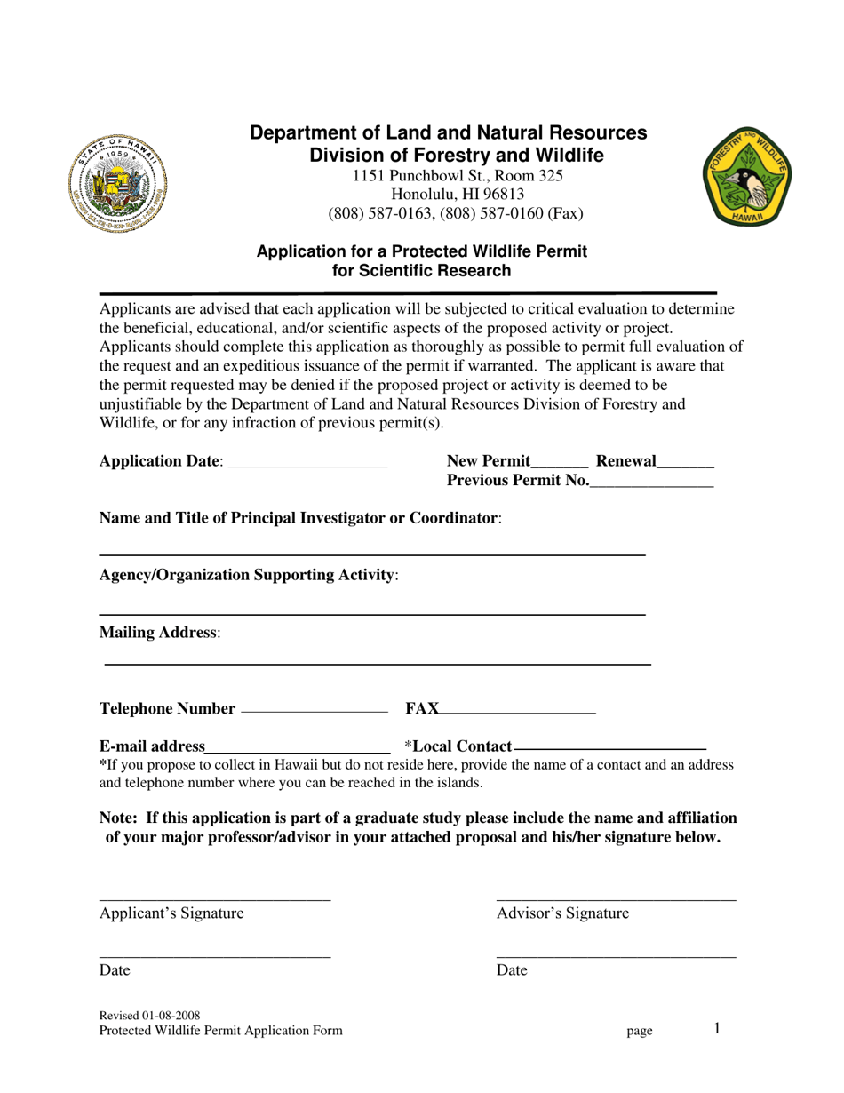 Hawaii Application for a Protected Wildlife Permit for Scientific ...