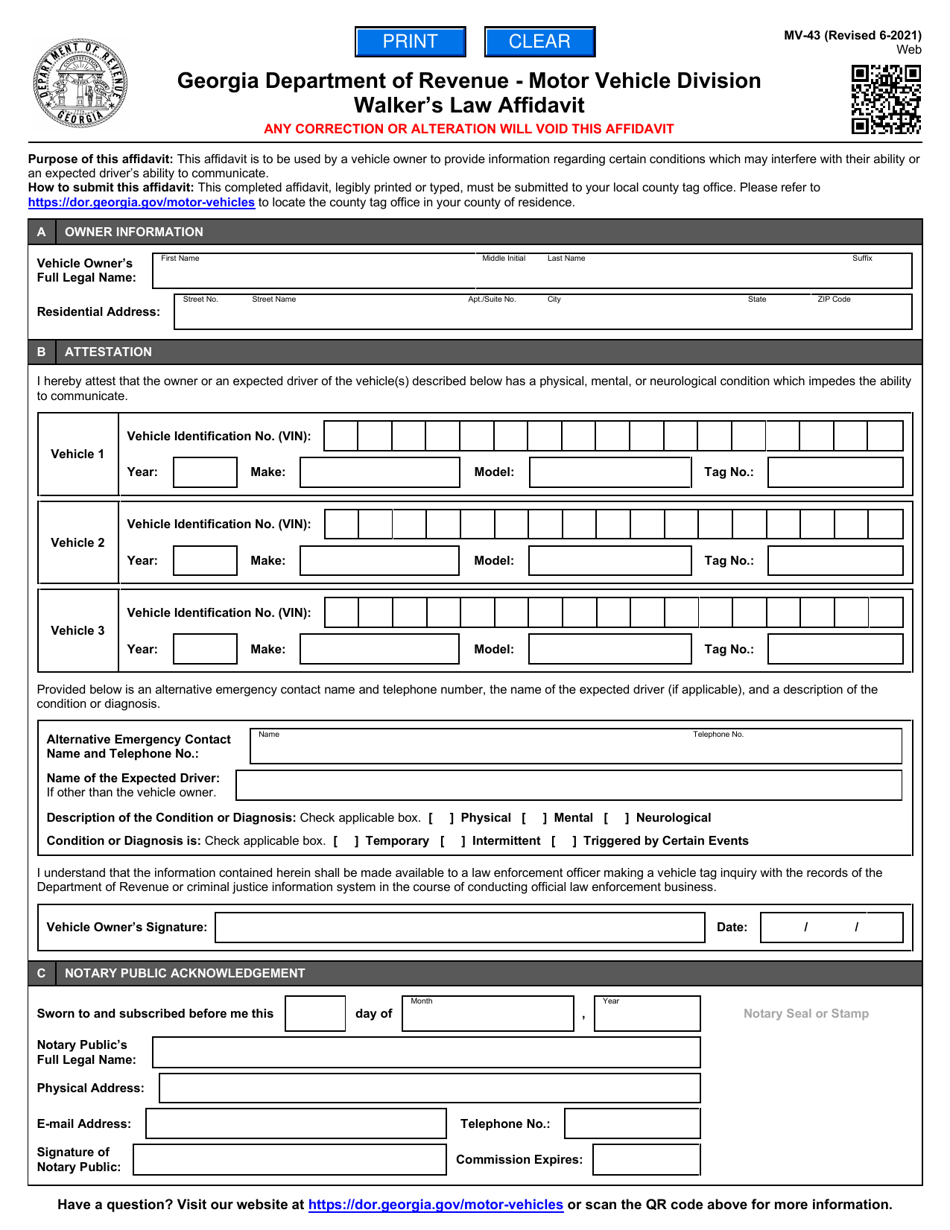 Form MV-43 - Fill Out, Sign Online and Download Fillable PDF, Georgia ...