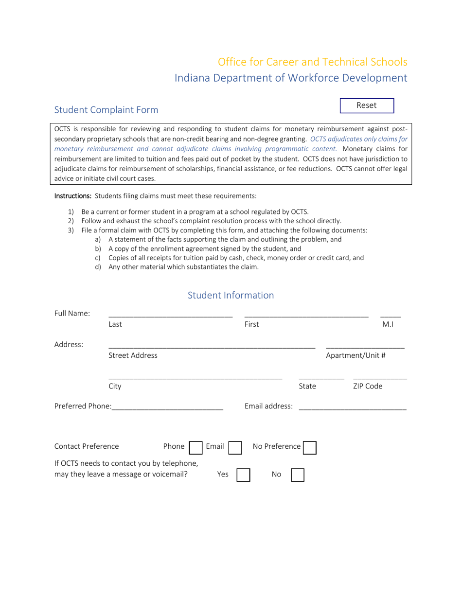 Indiana Student Complaint Form - Fill Out, Sign Online and Download PDF ...