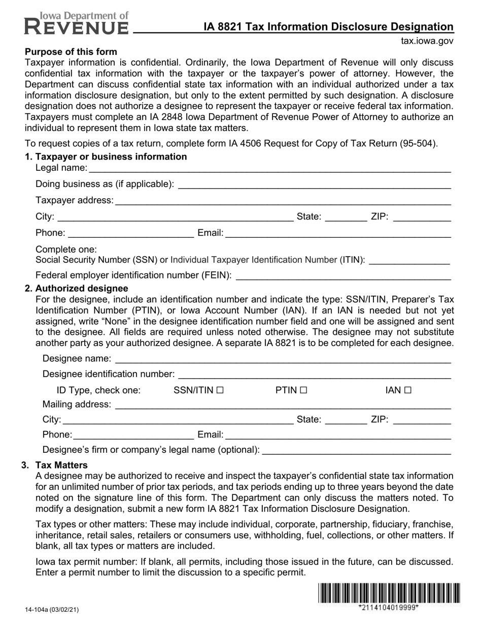 Form IA8821 (14-104) - Fill Out, Sign Online and Download Fillable PDF ...