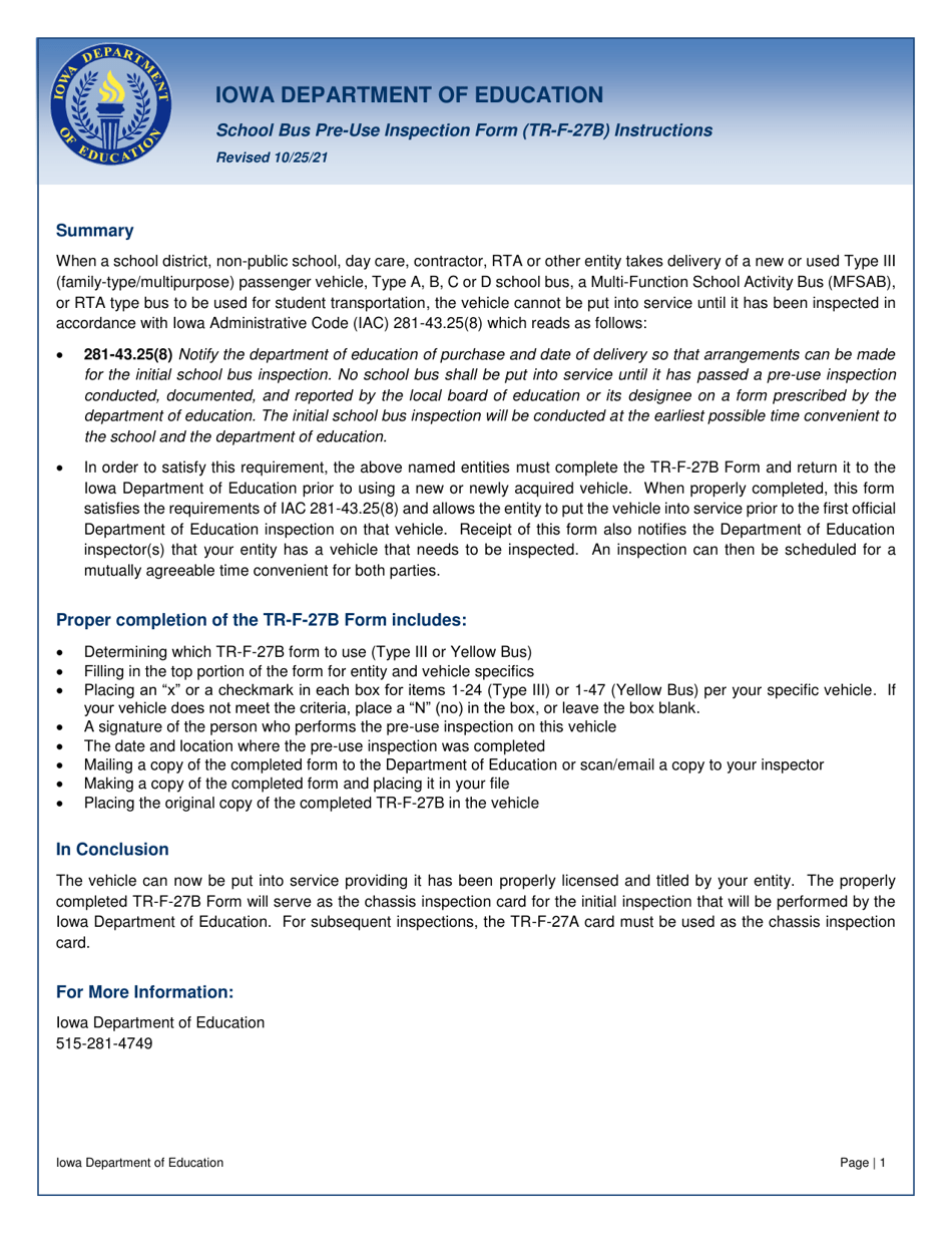 Download Instructions for Form TR-F-27B PDF | Templateroller