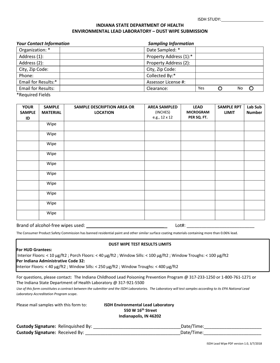 Indiana Environmental Lead Laboratory - Dust Wipe Submission - Fill Out ...