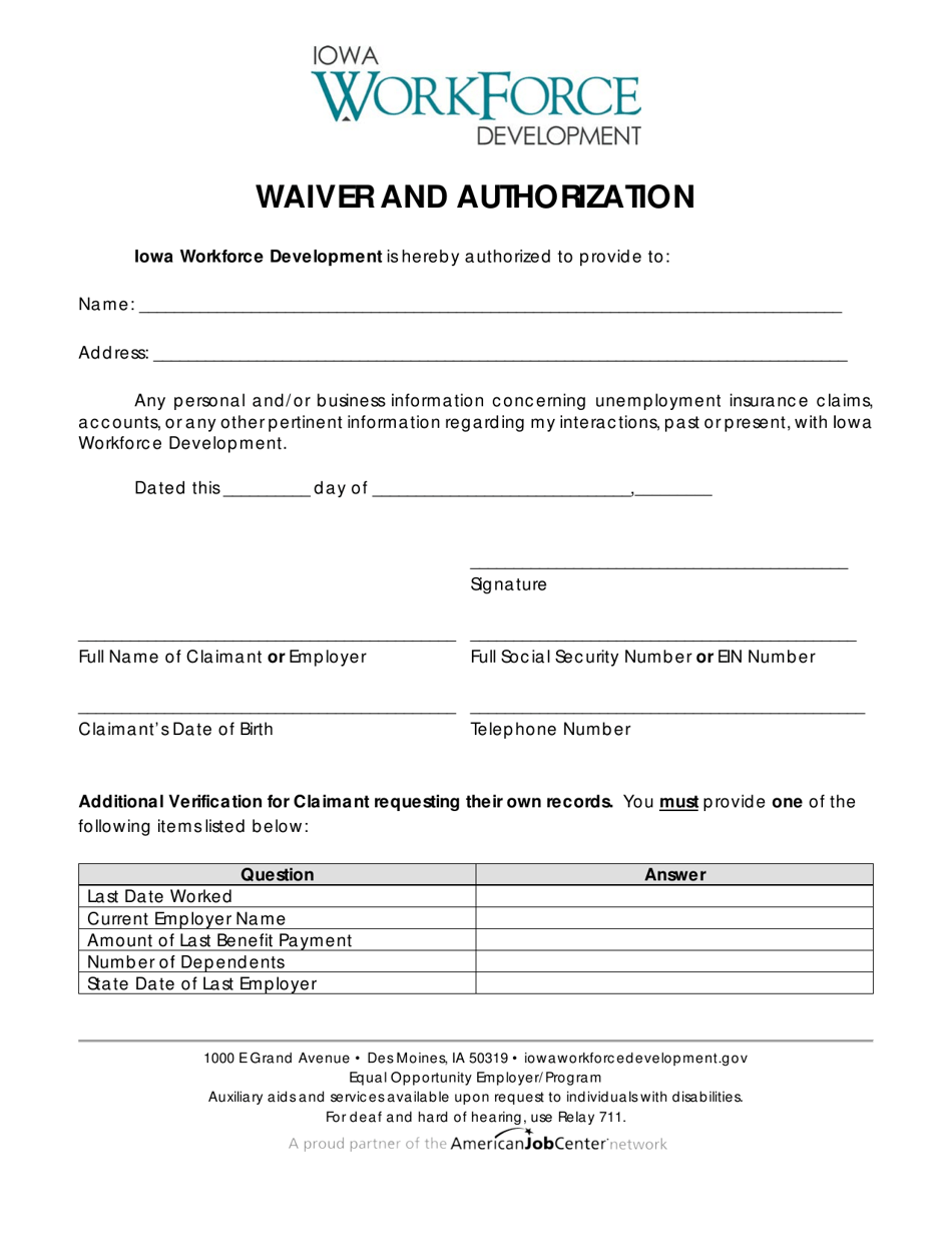 Iowa Waiver and Authorization - Fill Out, Sign Online and Download PDF ...