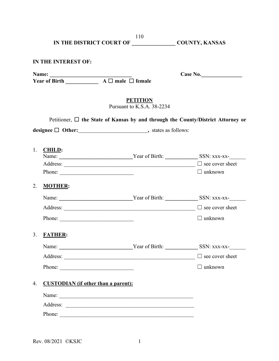 Form 110 Download Fillable PDF or Fill Online Petition, Kansas ...