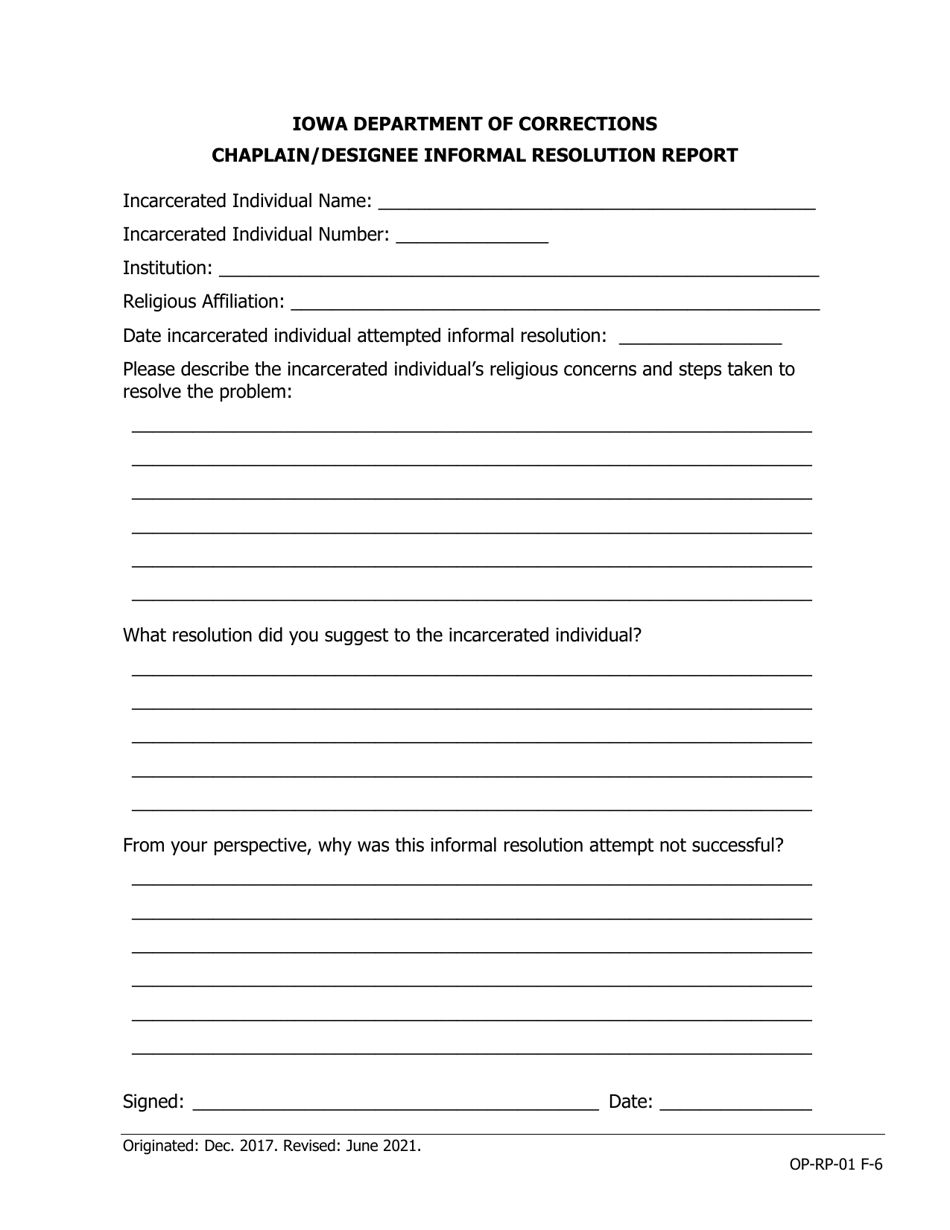 Iowa Chaplain/Designee Informal Resolution Report - Fill Out, Sign ...