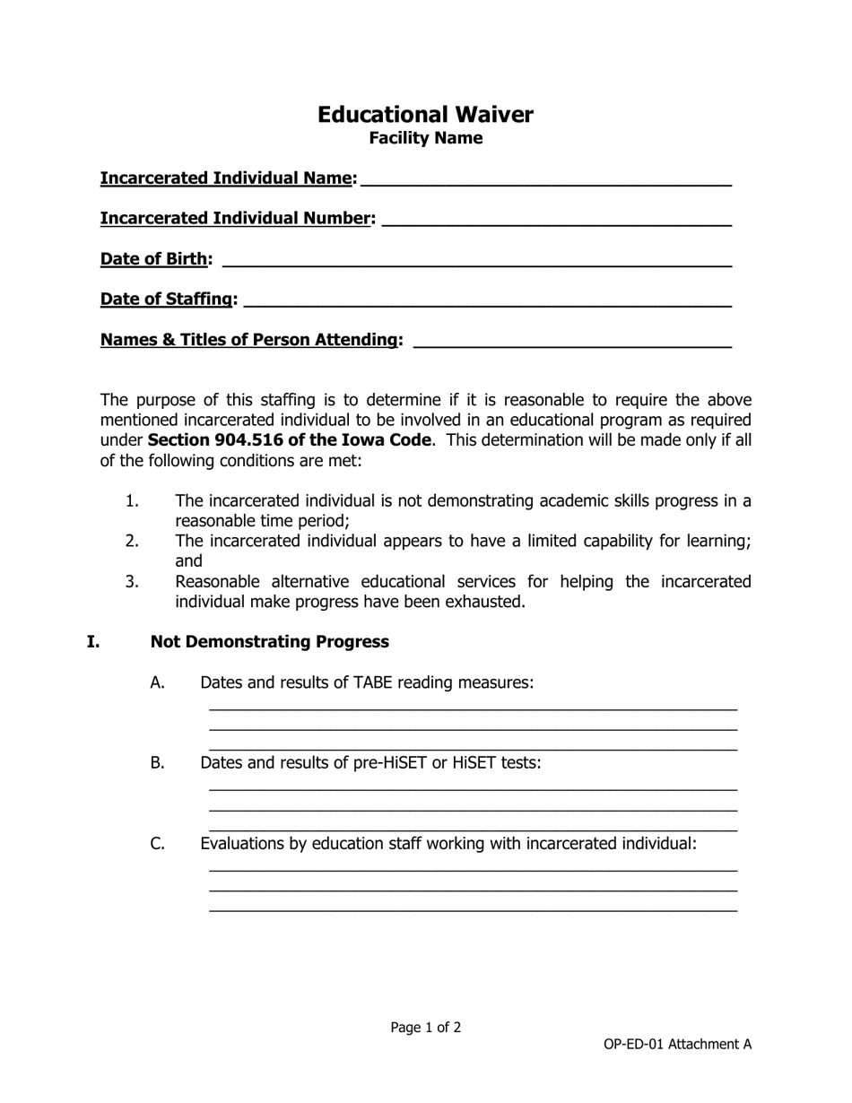 Iowa Educational Waiver - Fill Out, Sign Online and Download PDF ...