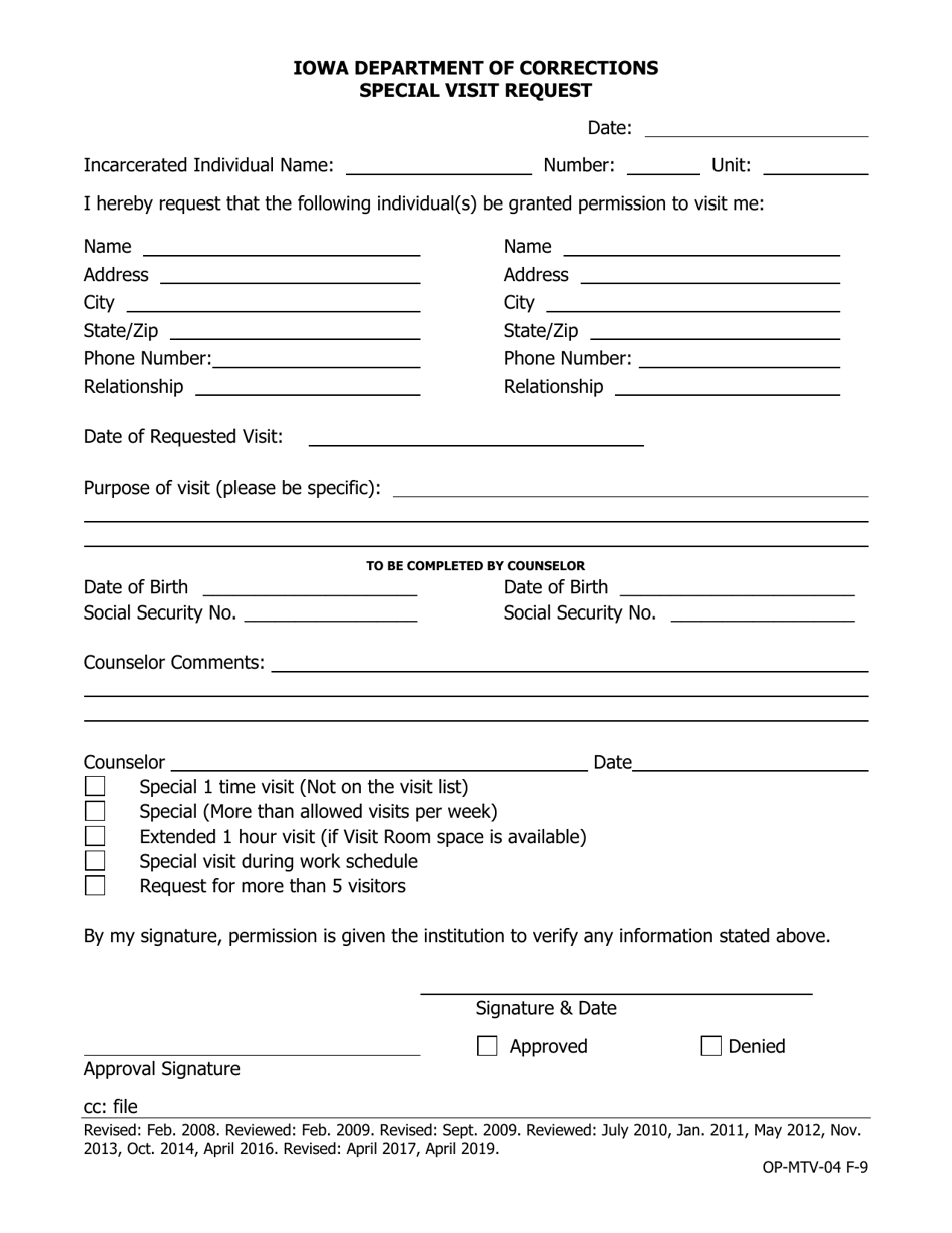 Iowa Special Visit Request - Fill Out, Sign Online and Download PDF ...