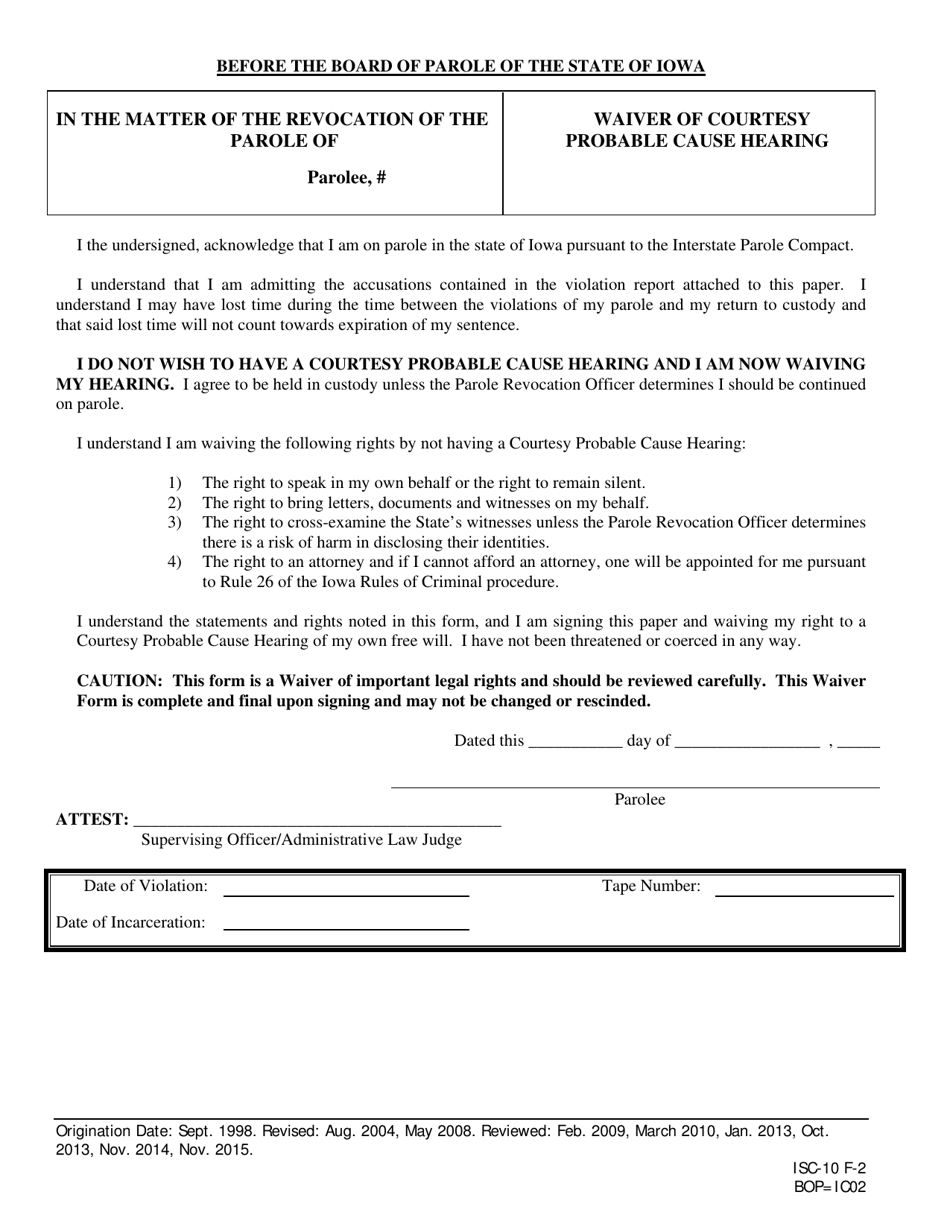 Iowa Waiver of Courtesy Probable Cause Hearing - Fill Out, Sign Online ...