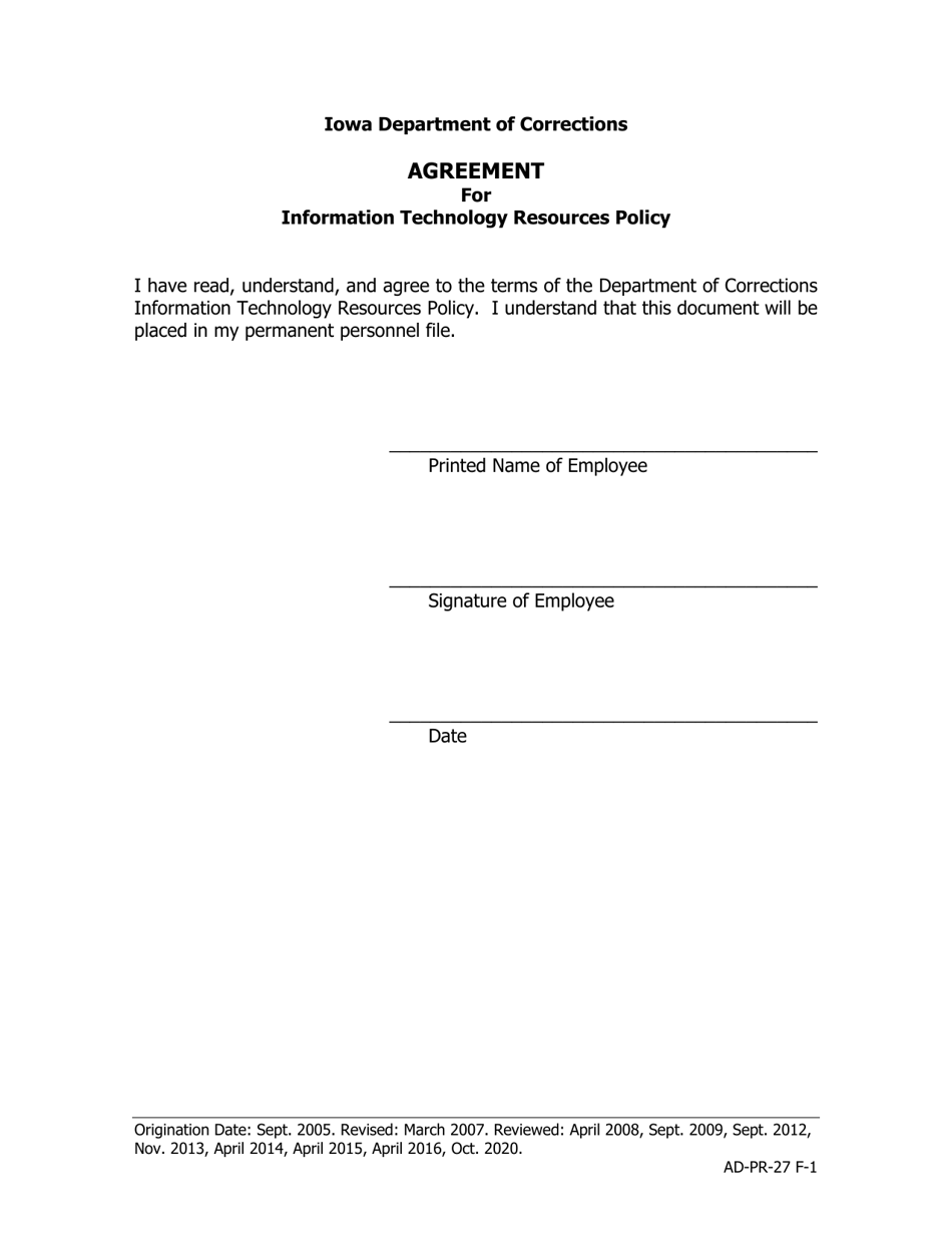 Iowa Agreement for Information Technology Resources Policy - Fill Out ...