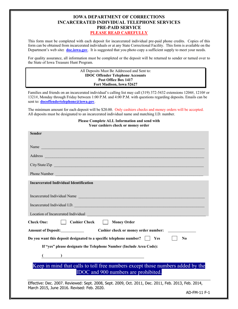 Iowa Incarcerated Individual Telephone Services Pre-paid Service - Fill ...