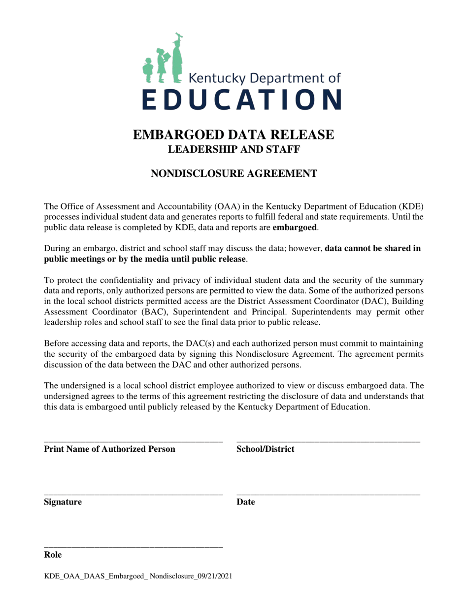 Kentucky Leadership and Staff Embargoed Data Release Nondisclosure ...