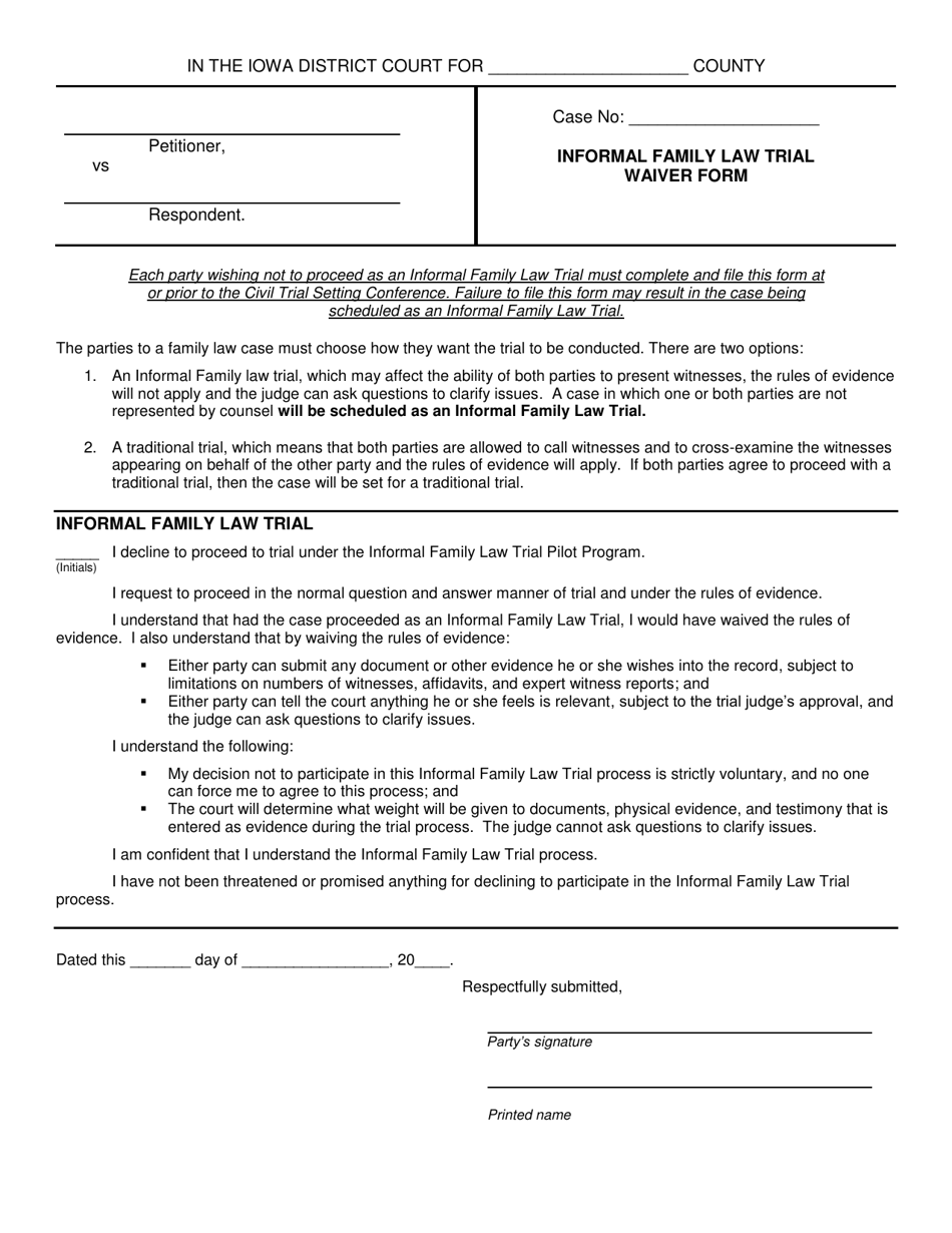 Iowa Informal Family Law Trial Waiver Form - Fill Out, Sign Online and ...