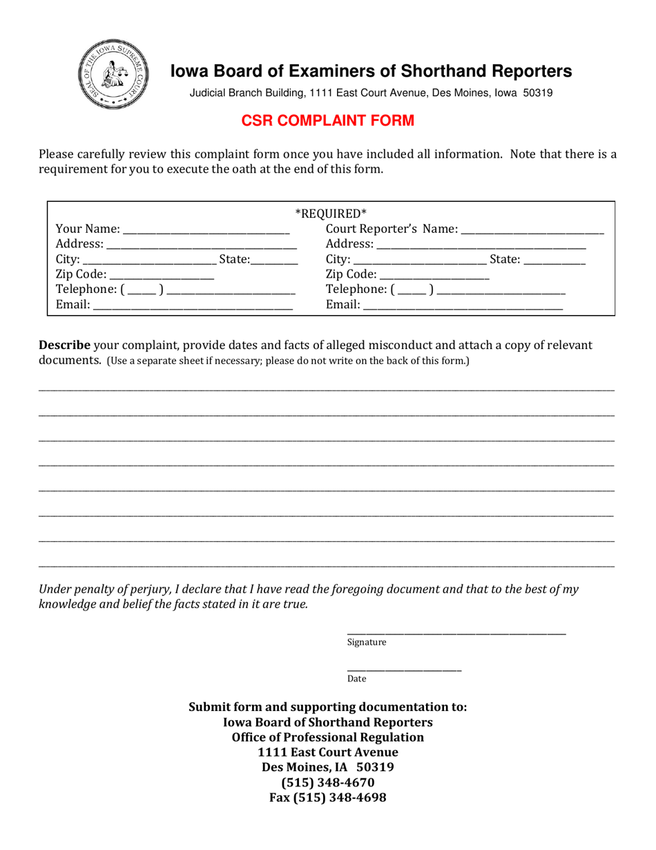 Iowa Csr Complaint Form - Fill Out, Sign Online and Download PDF ...