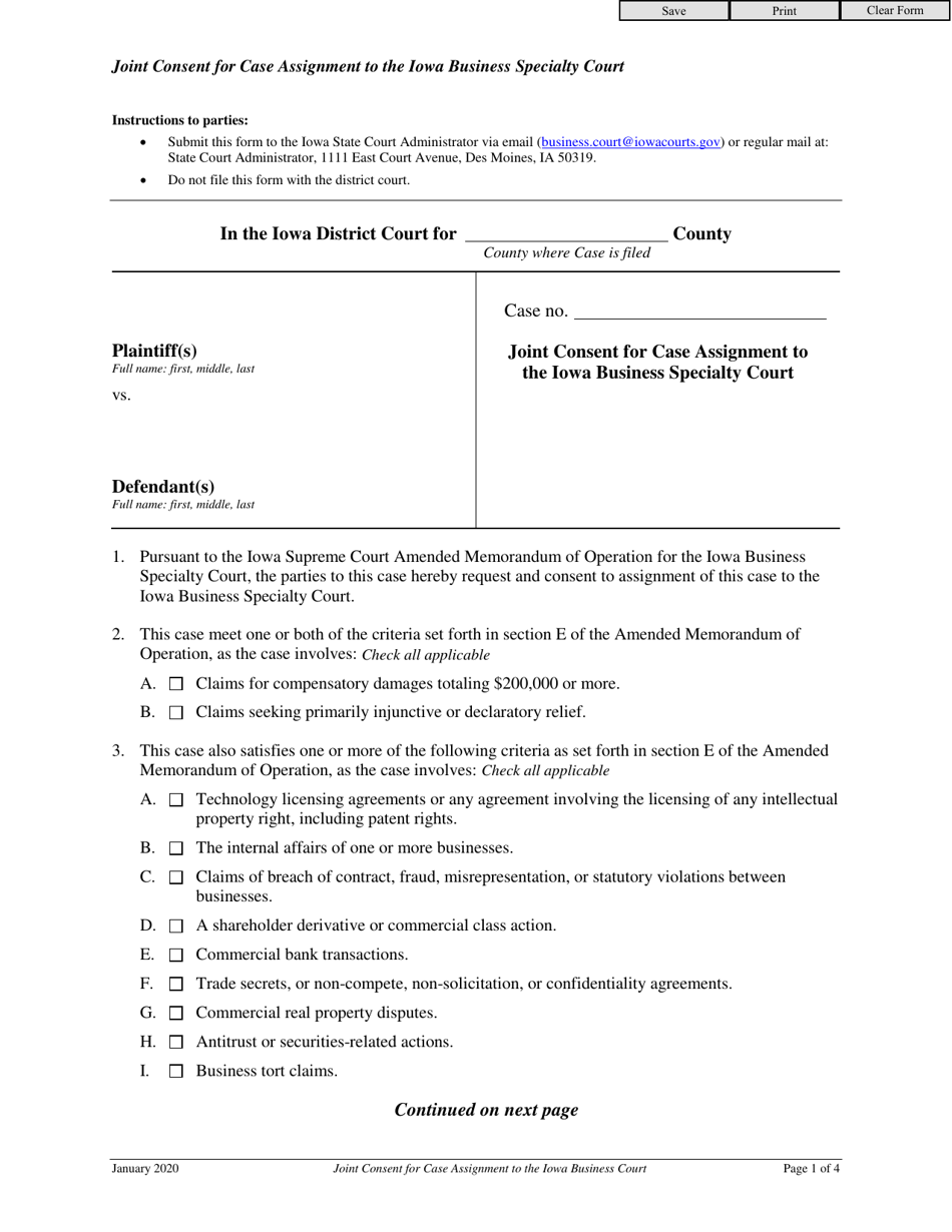 Iowa Joint Consent for Case Assignment to the Iowa Business Specialty ...