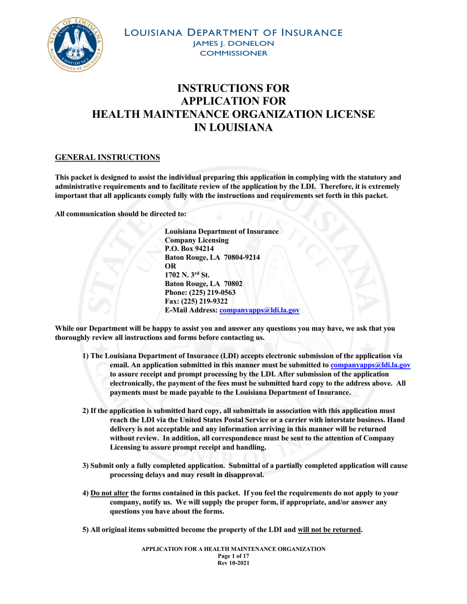 Louisiana Application for Health Maintenance Organization License in ...