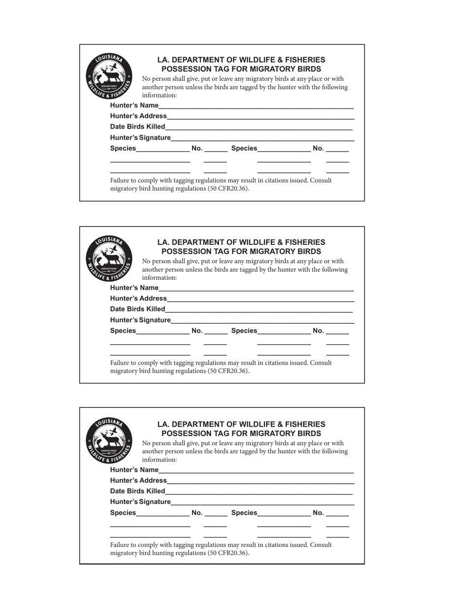 Louisiana Possession Tag for Migratory Birds - Fill Out, Sign Online ...