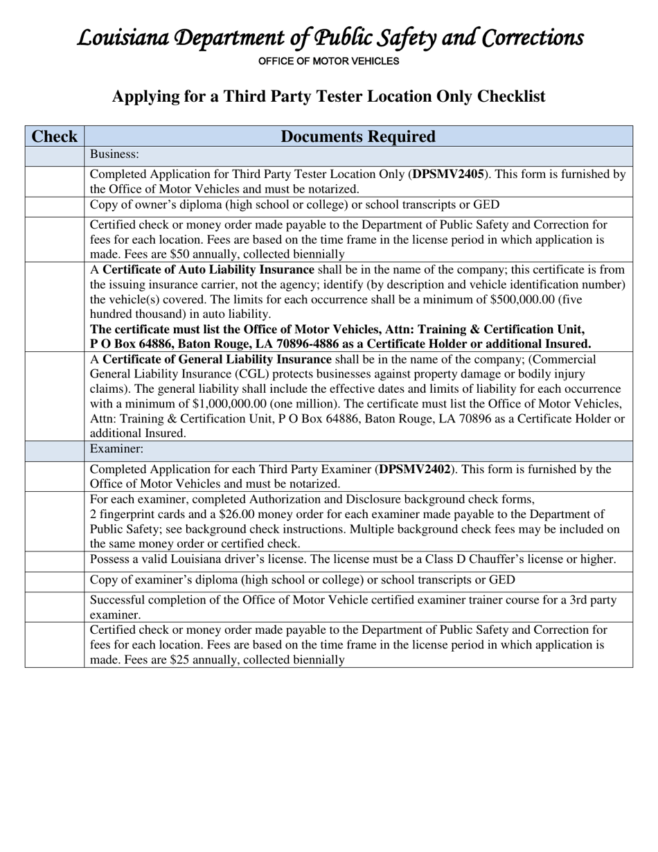 Louisiana Checklist - Third Party Tester Location Only Application ...
