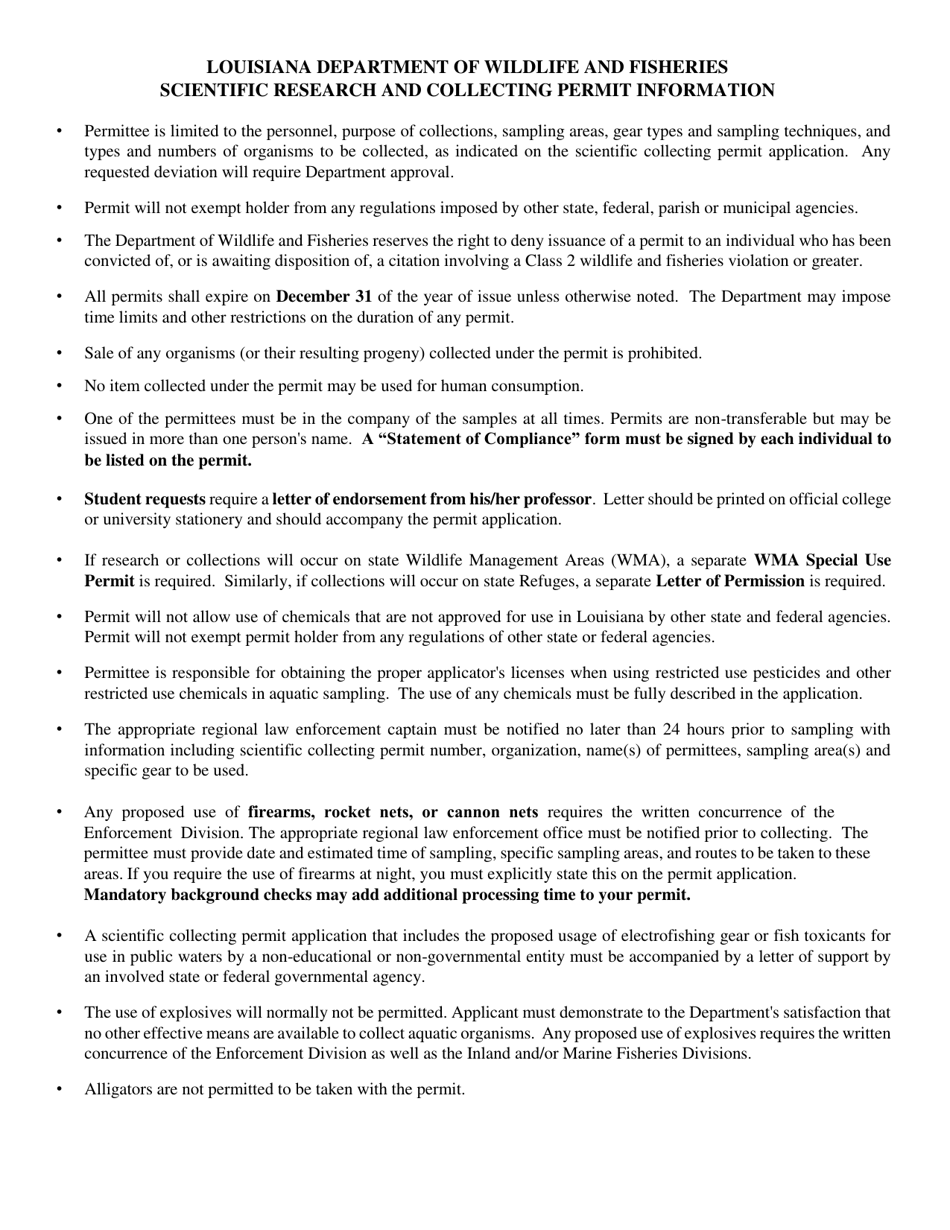 Louisiana La Scientific Research and Collecting Permit Application ...