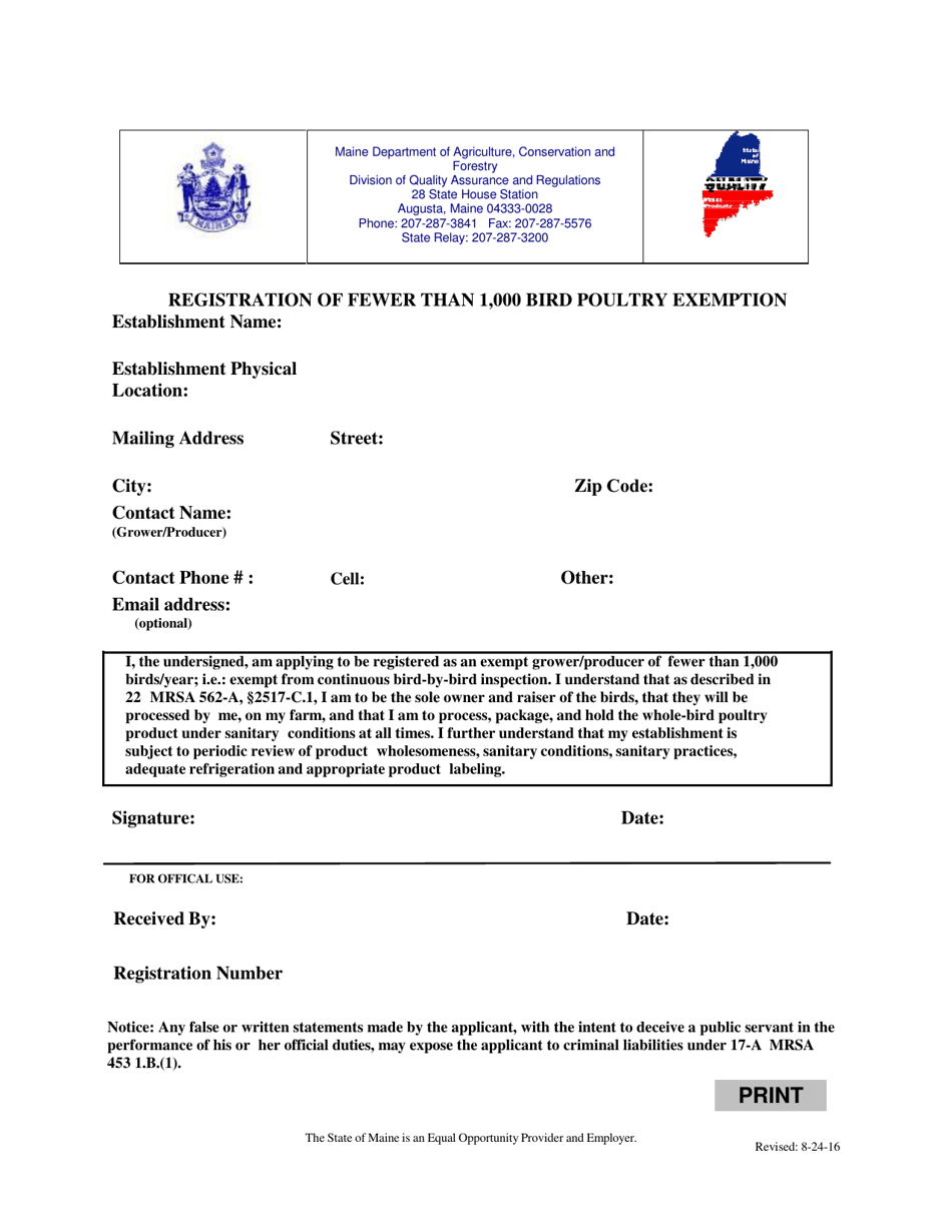 Maine Registration of Fewer Than 1,000 Bird Poultry Exemption - Fill ...
