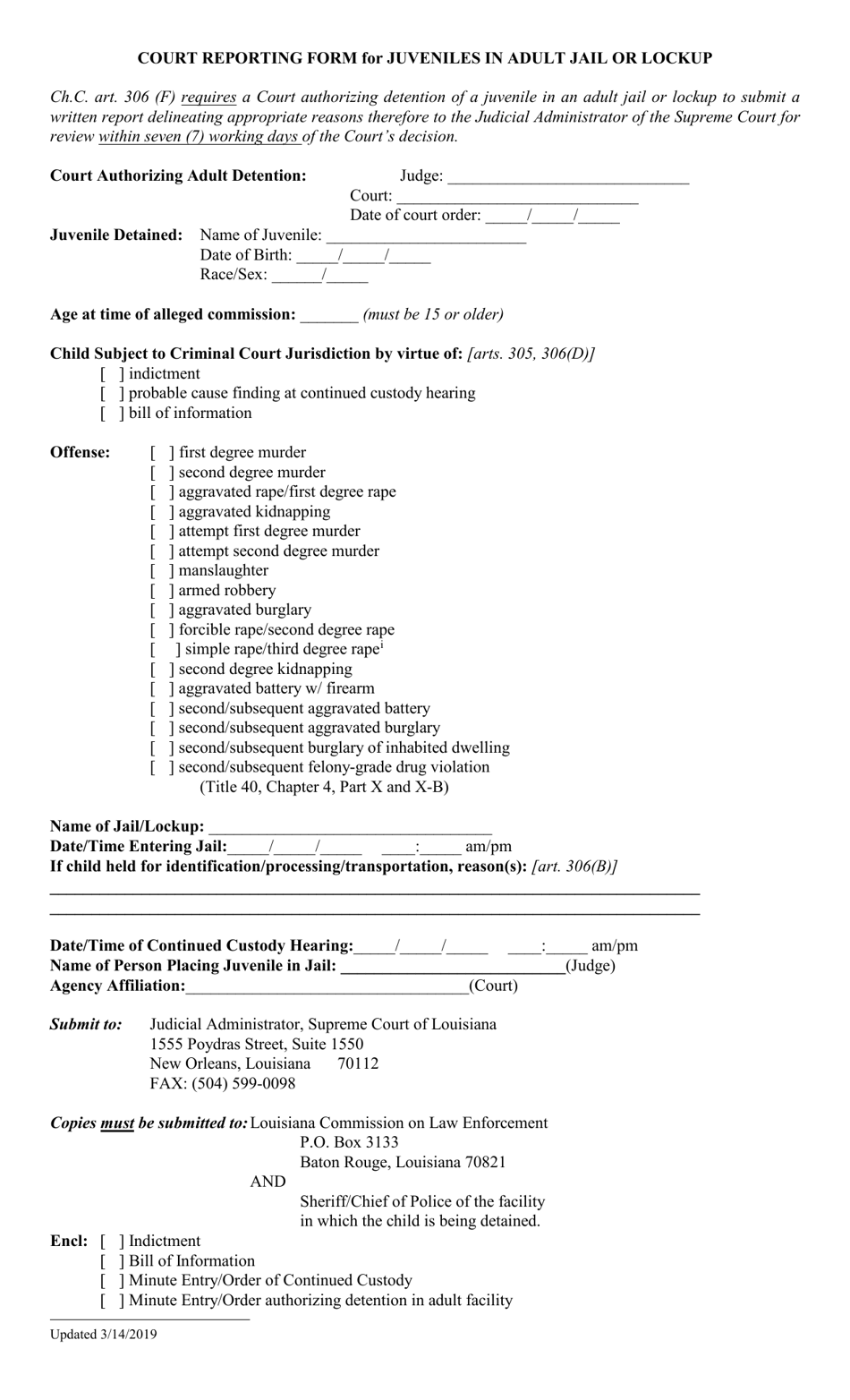 Louisiana Court Reporting Form for Juveniles in Adult Jail or Lockup ...