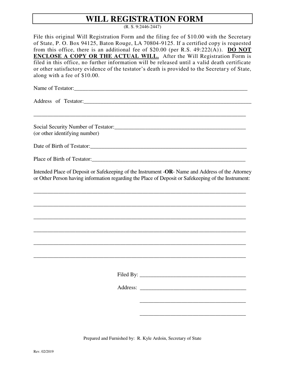 Louisiana Will Registration Form Download Printable PDF | Templateroller