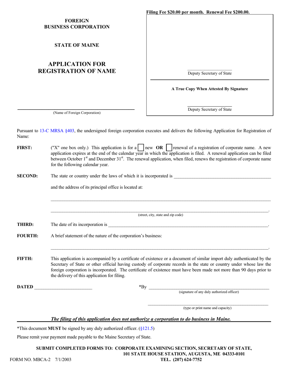 Form MBCA-2 Download Fillable PDF or Fill Online Application for ...