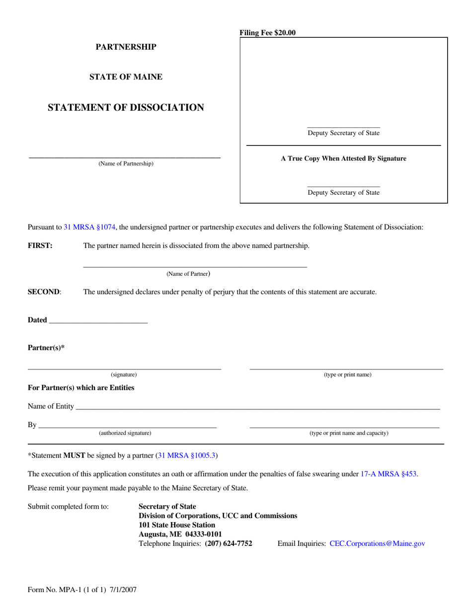 Form MPA-1 - Fill Out, Sign Online and Download Fillable PDF, Maine ...