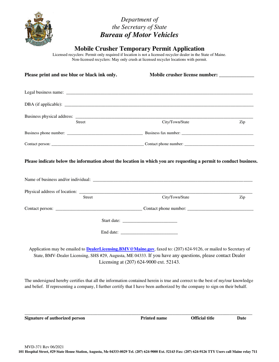 Form MVD-371 Download Fillable PDF or Fill Online Mobile Crusher ...