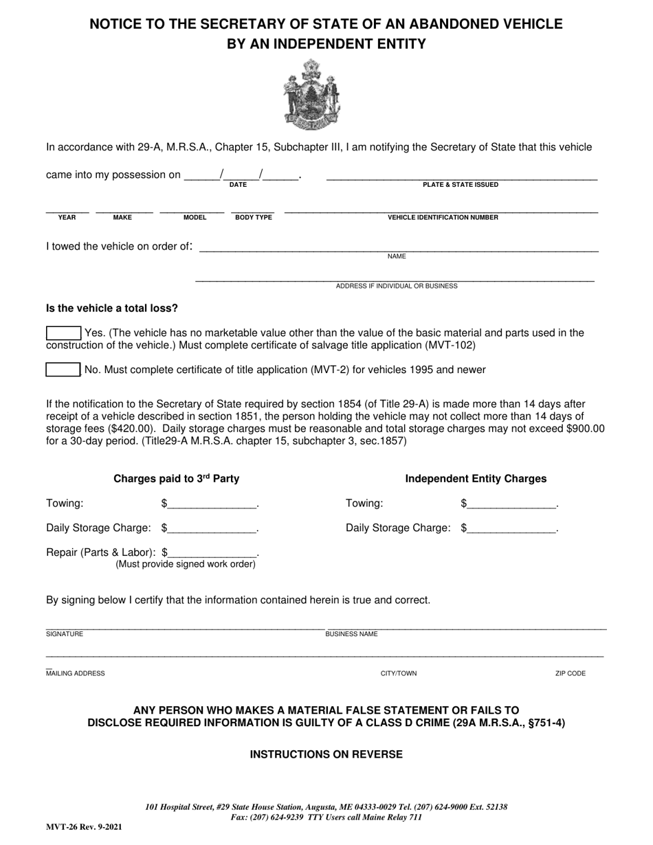 Form MVT-26 - Fill Out, Sign Online and Download Fillable PDF, Maine ...