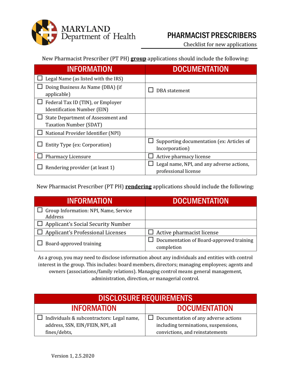 Maryland Eprep Documentation Checklist for Pharmacist Prescribers ...
