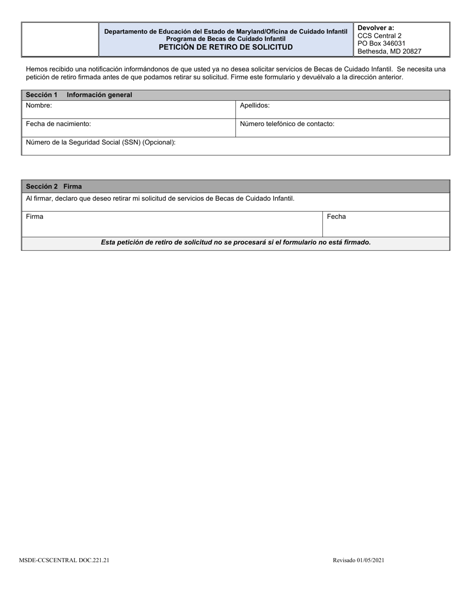 Formulario DOC.221.21 - Fill Out, Sign Online and Download Fillable PDF, Maryland (Spanish ...
