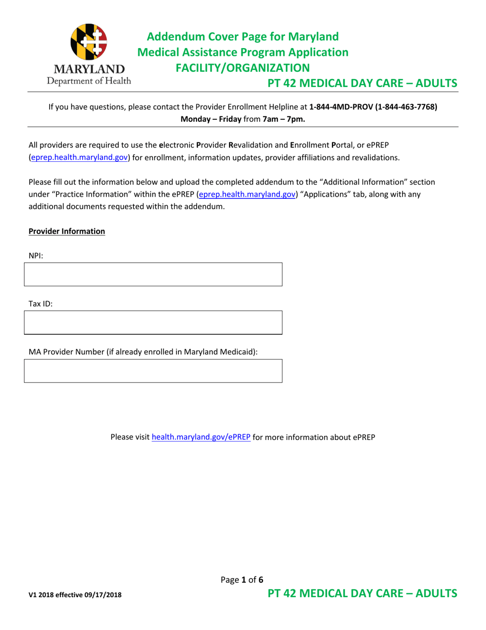 Maryland Addendum Cover Page for Maryland Medical Assistance Program ...