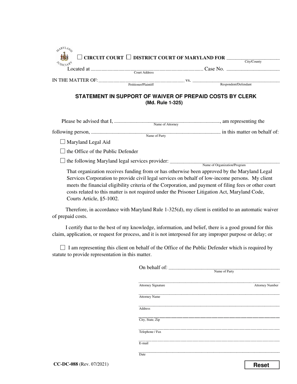 Form CC-DC-088 Download Fillable PDF or Fill Online Statement in Support of Waiver of Prepaid ...