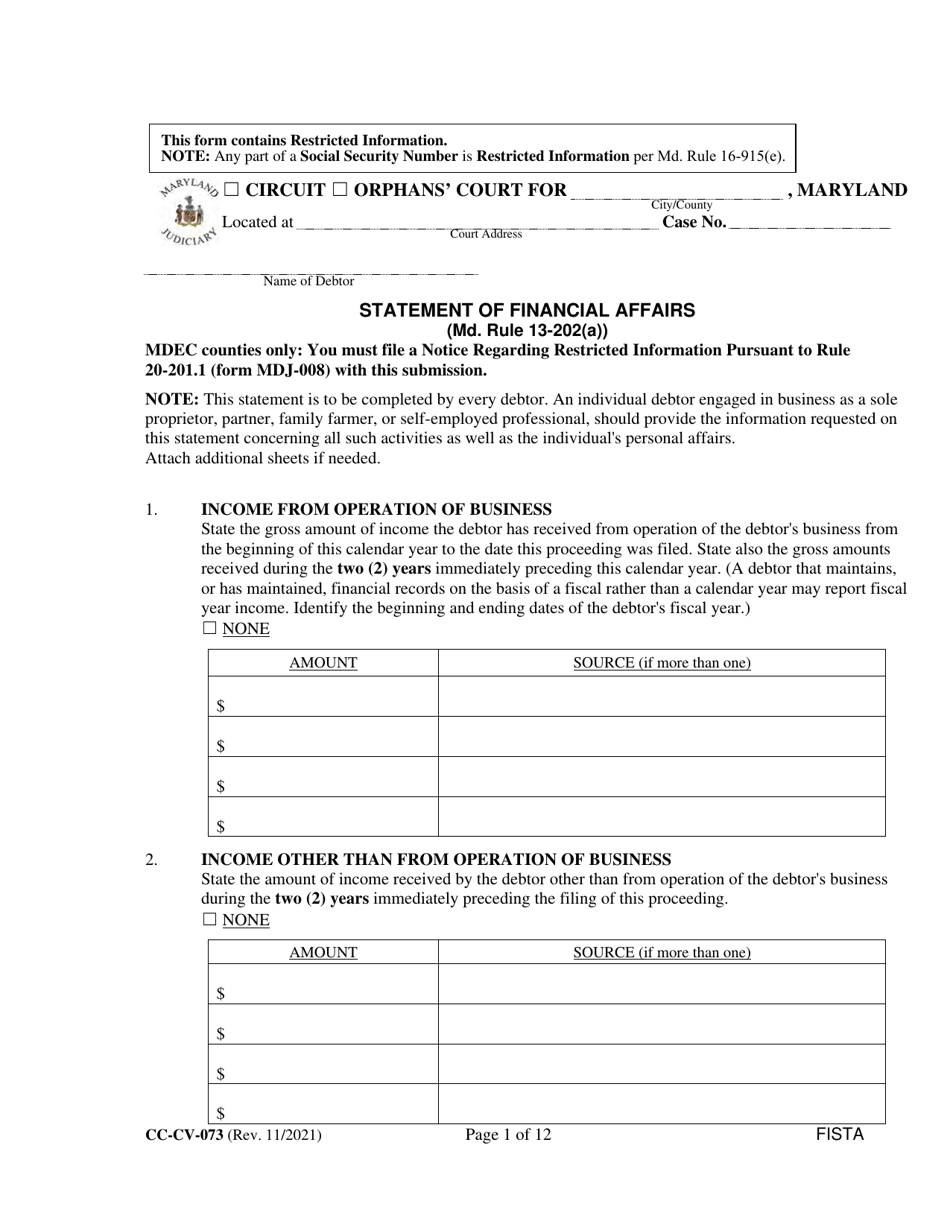Form CC-CV-073 - Fill Out, Sign Online and Download Fillable PDF ...