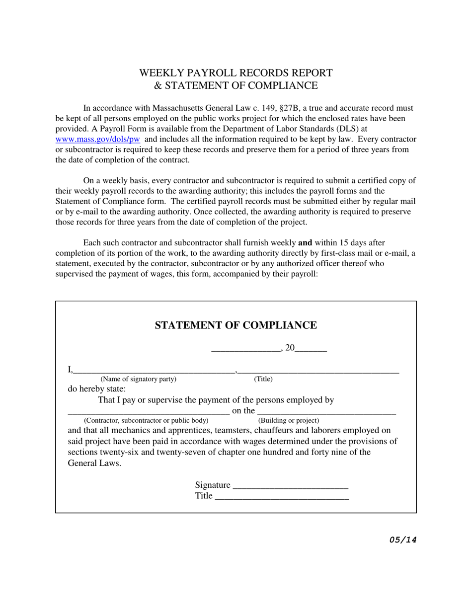 Massachusetts Weekly Payroll Records Report & Statement of Compliance ...
