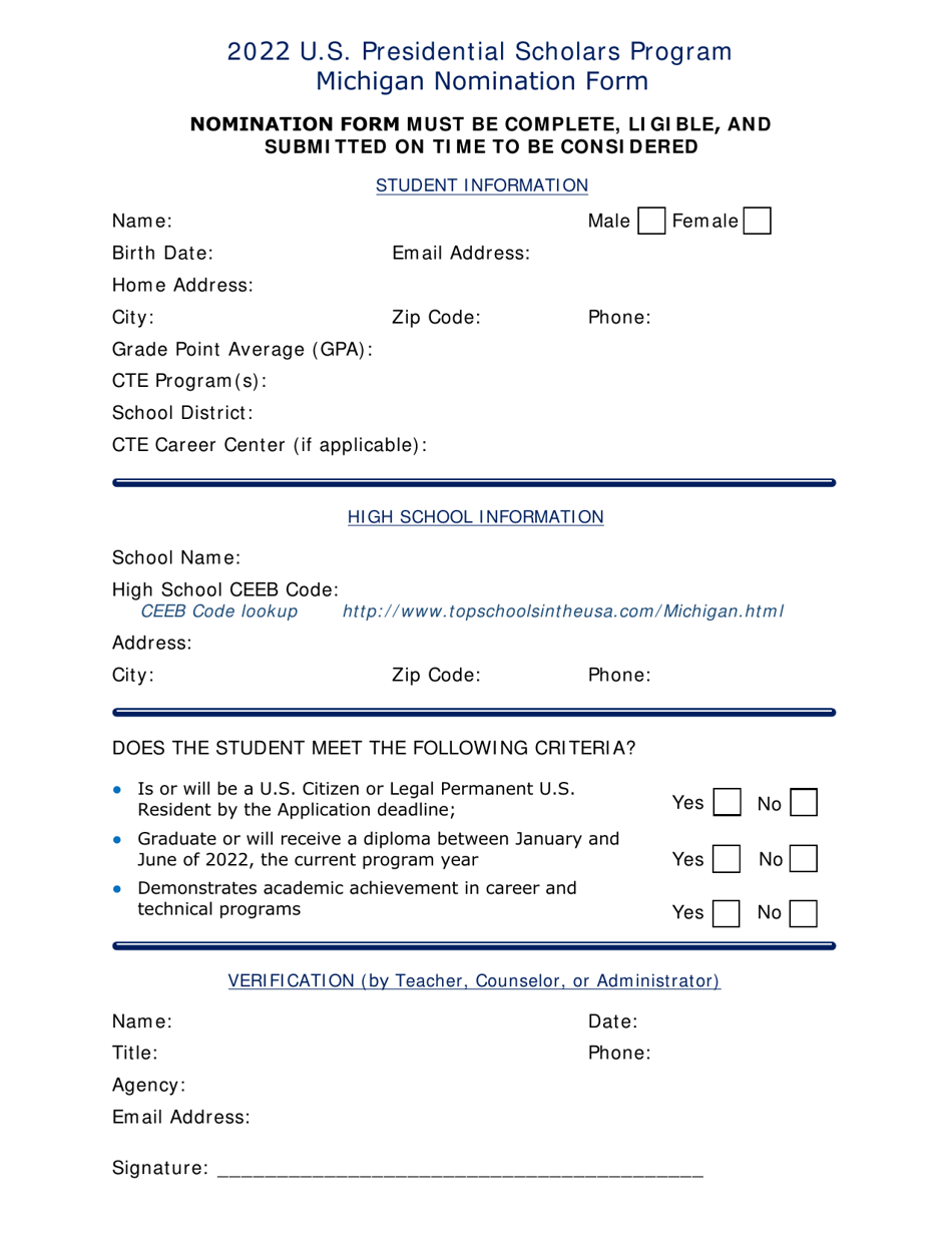 2022 Michigan Michigan Nomination Form - U.S. Presidential Scholars Program - Fill Out, Sign ...