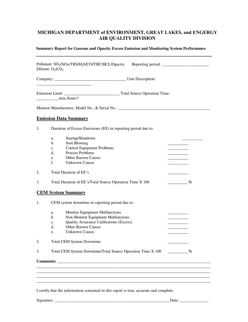 Michigan Summary Report for Gaseous and Opacity Excess Emission and ...